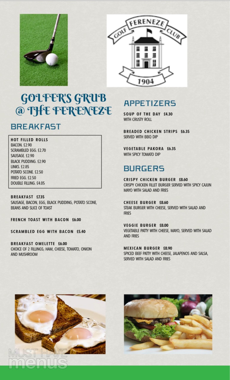 Bar Menu & Kitchen Opening Hours - Fereneze Golf Club